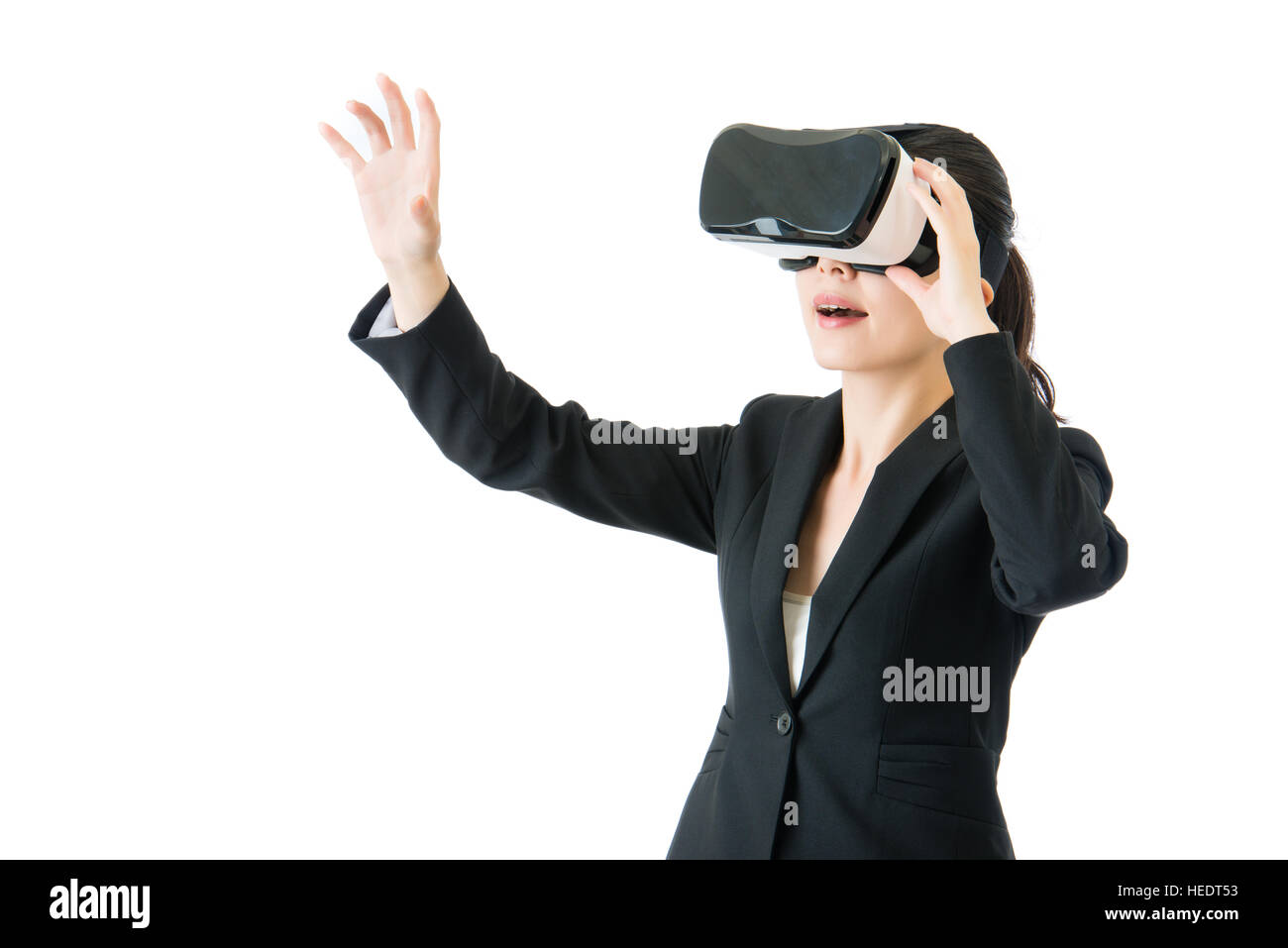 asian business woman touch screen by virtual reality. VR headset ...