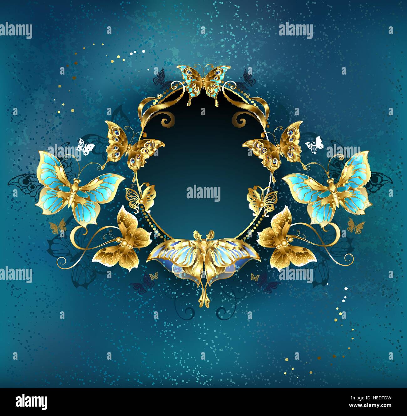 Oval banner decorated with luxurious gold butterflies on a blue ...