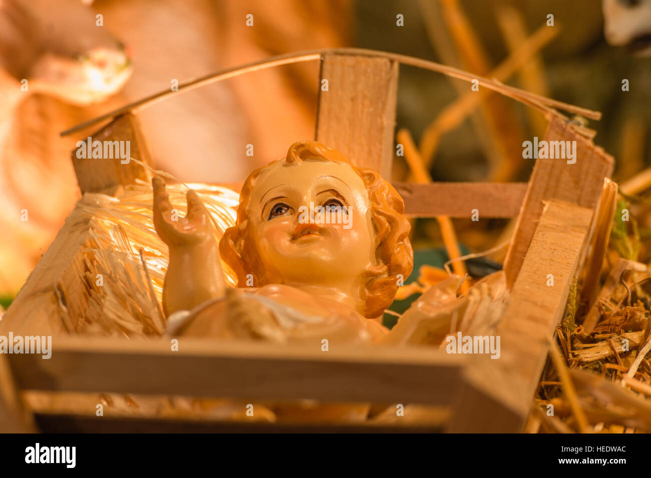 Christmas nativity scene of Holy Baby Jesus in the manger Stock Photo ...