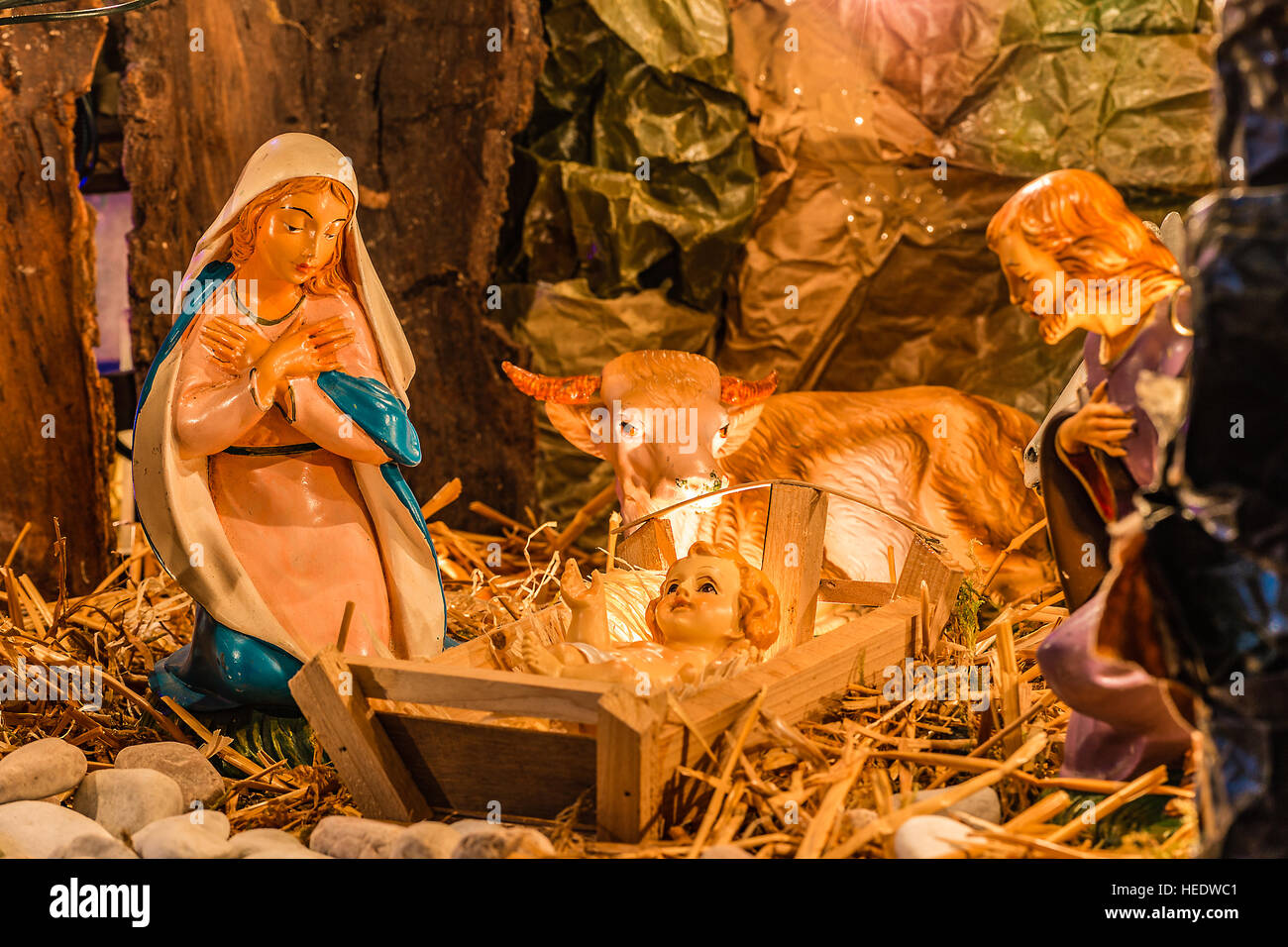 Christmas nativity scene of Holy Baby Jesus in the manger with Blessed ...