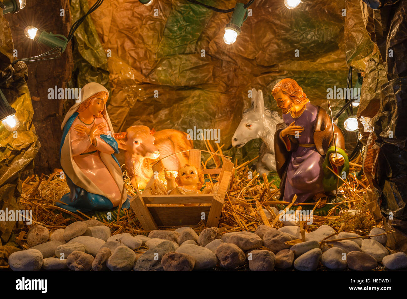 Christmas nativity scene of Holy Baby Jesus in the manger with Blessed ...