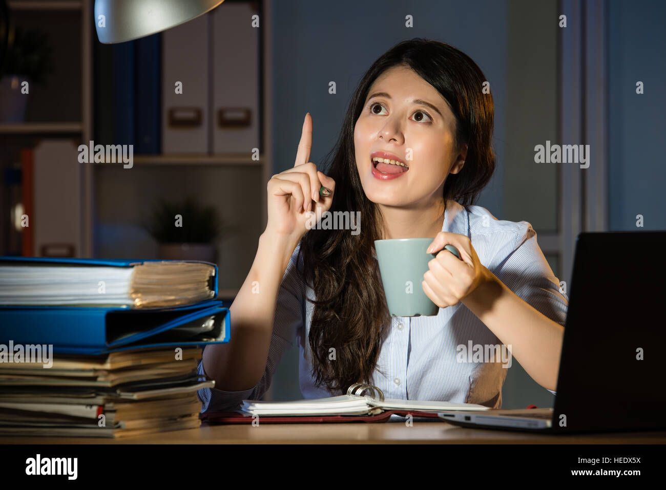 asian business woman happy got success idea working overtime late night ...