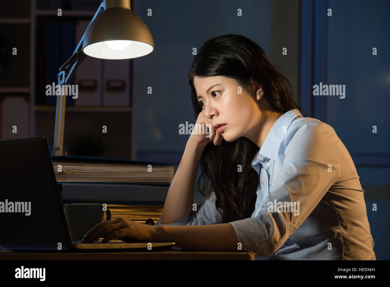 asian business woman obsession working and thinking overtime late night ...