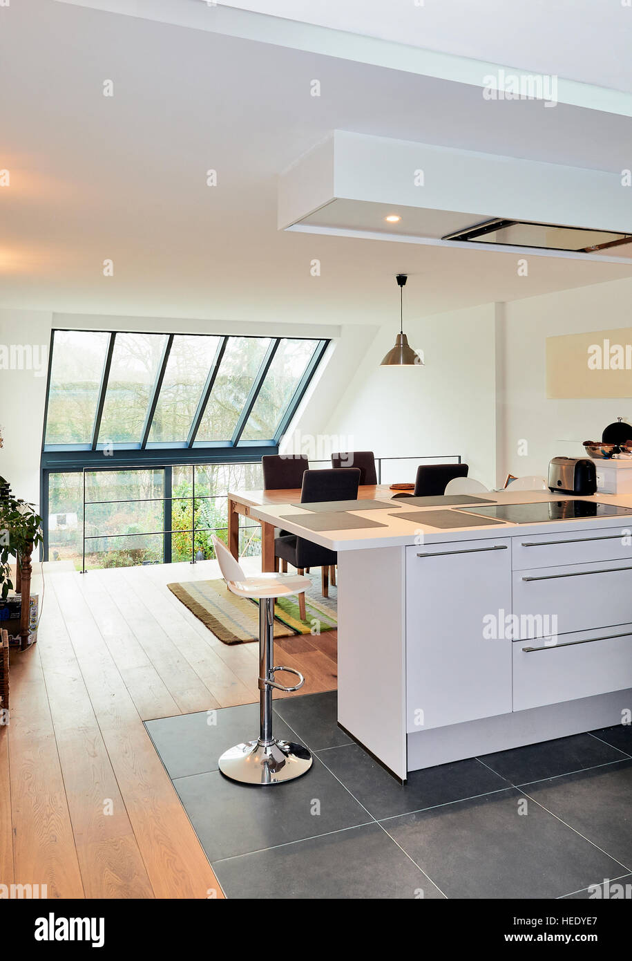 Modern open kitchen in renovated house with view on a lush garden Stock ...