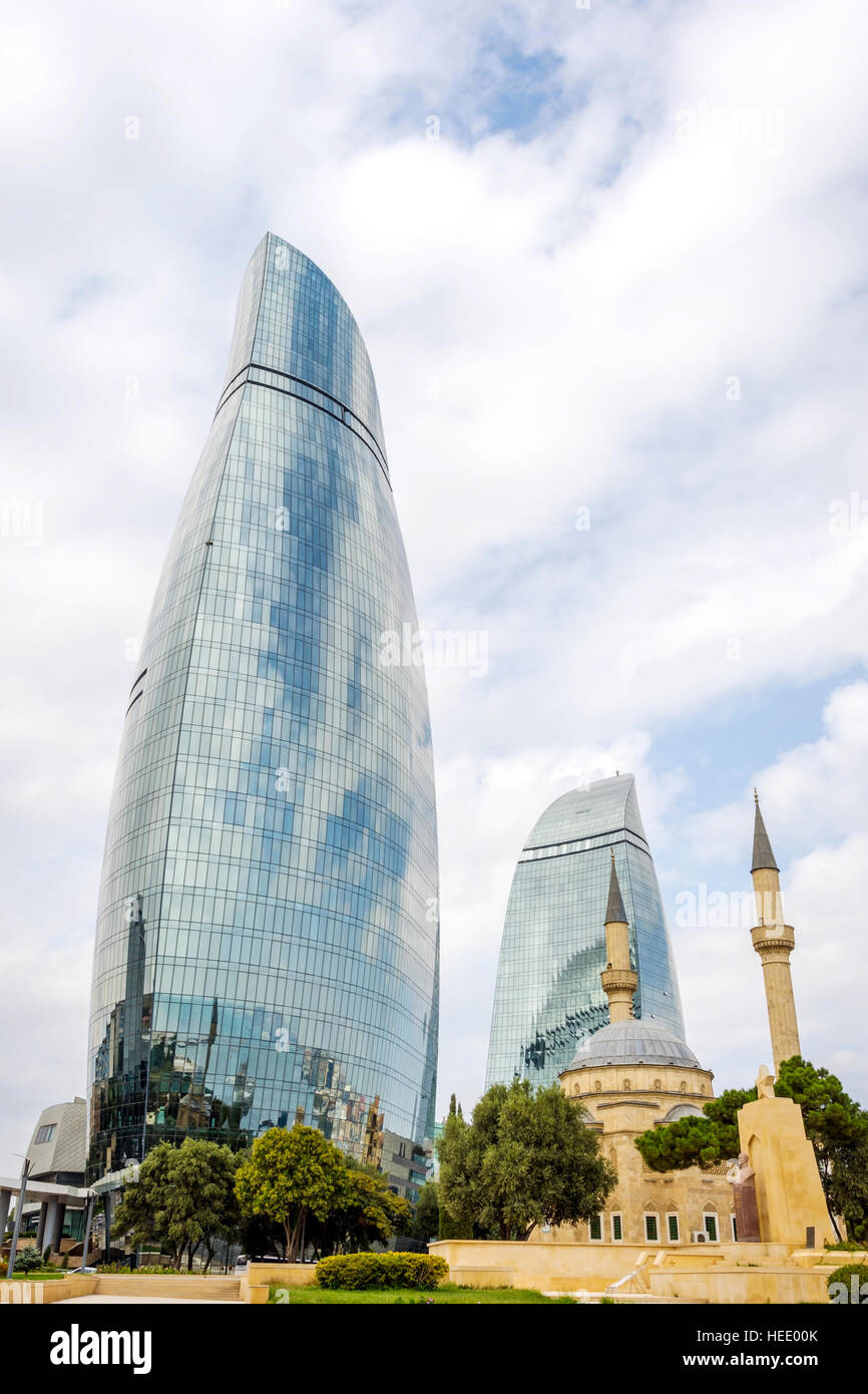 Flame towers and Sehidler Xiyabani mosque, Baku, Azerbaijan Stock Photo ...