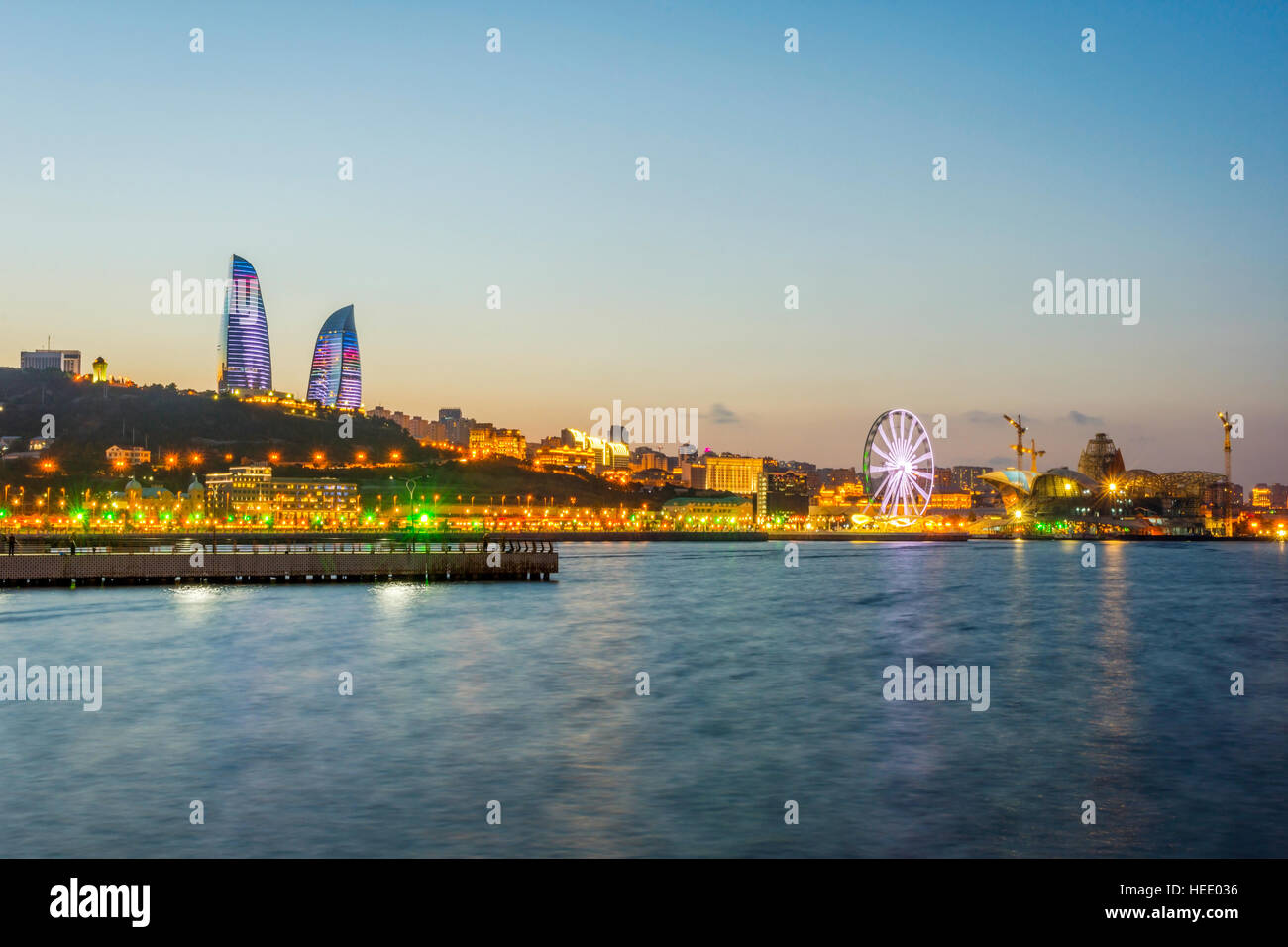 View over Baku skyline with Flame towers at night, Azerbaijan Stock ...