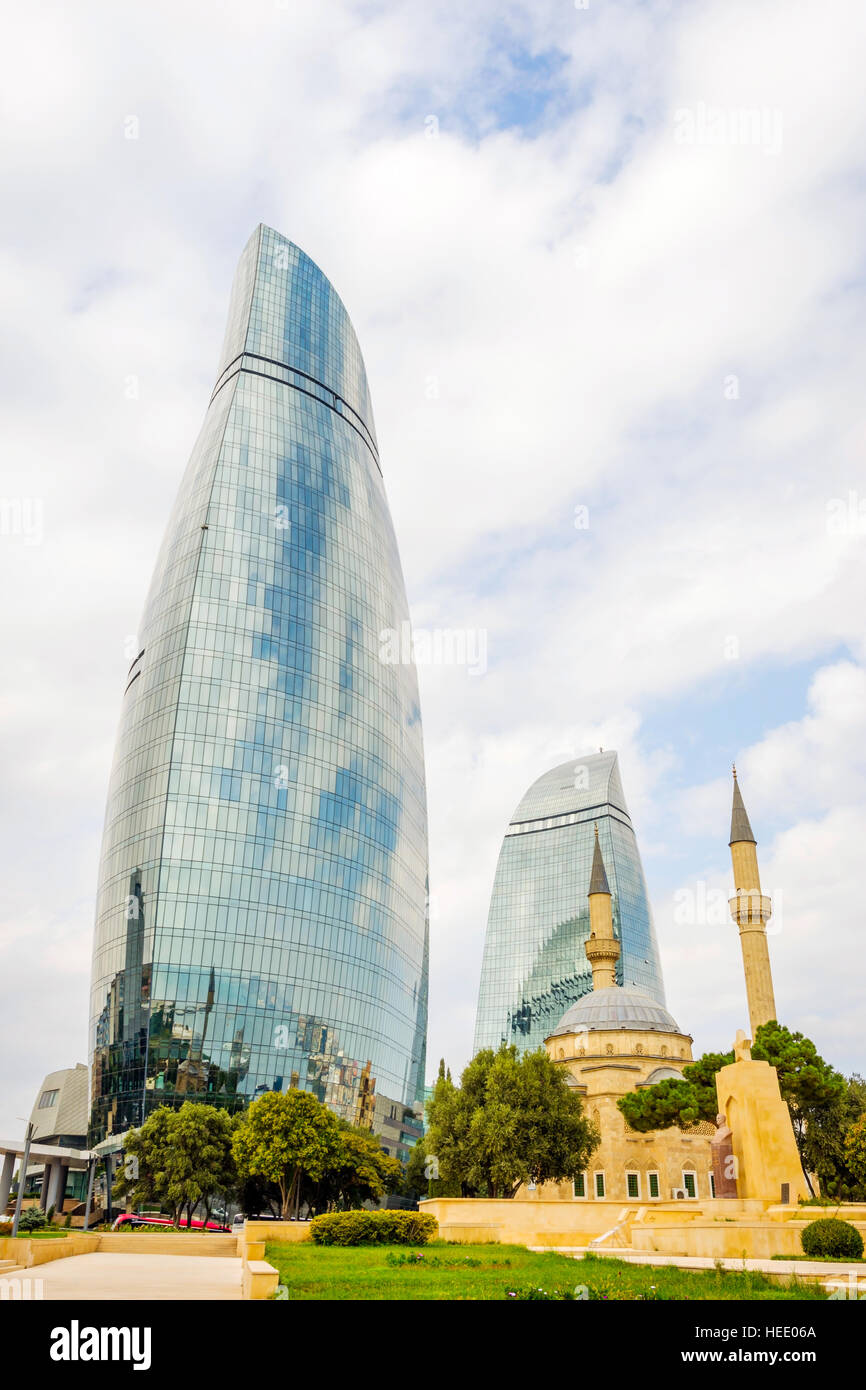 Flame towers and Sehidler Xiyabani mosque, Baku, Azerbaijan Stock Photo ...