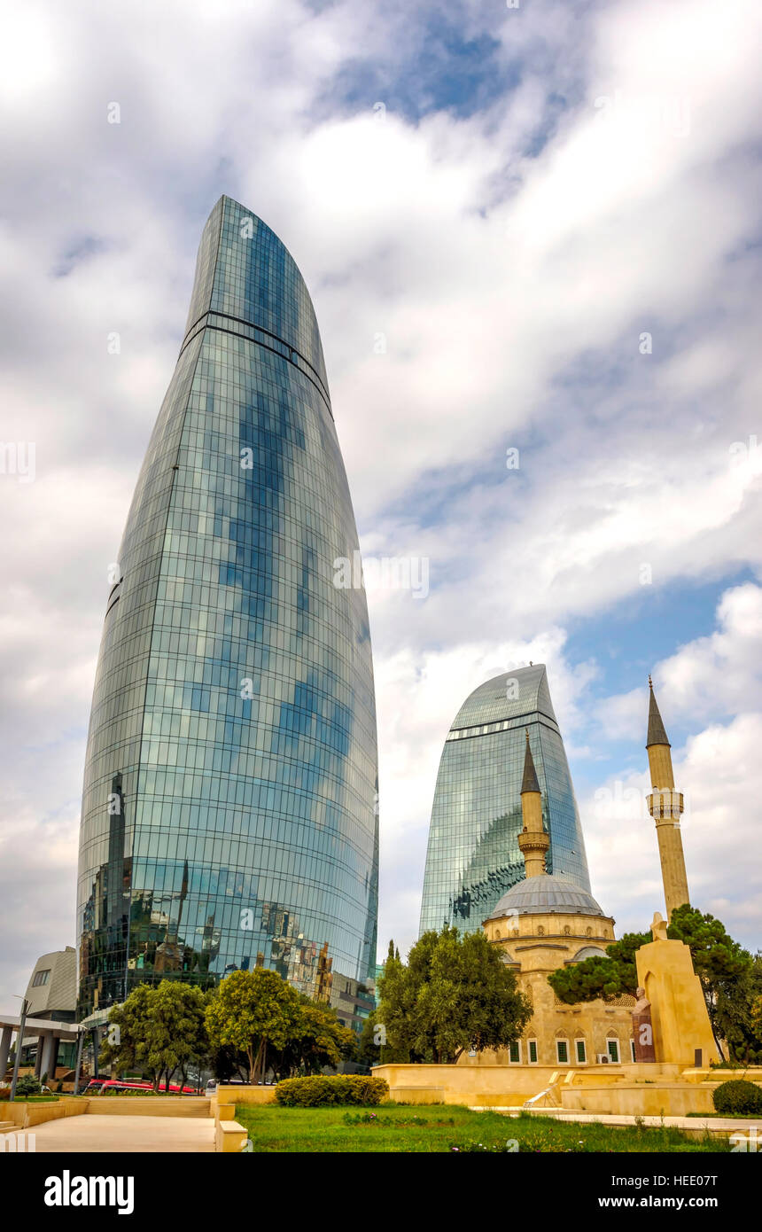 Flame towers and Sehidler Xiyabani mosque, Baku, Azerbaijan Stock Photo ...