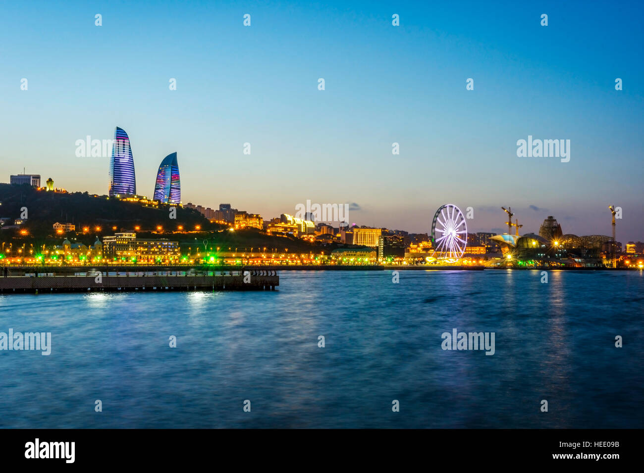 View over Baku skyline with Flame towers at night, Azerbaijan Stock ...