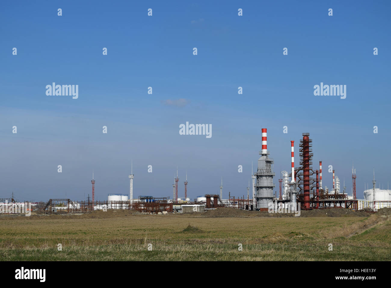 Distillation columns, pipes and other equipment furnaces refinery. The ...