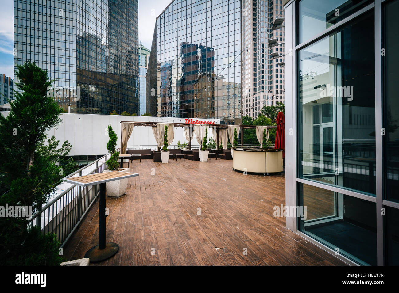 Outdoor seating area and modern buildings in Uptown Charlotte, North ...