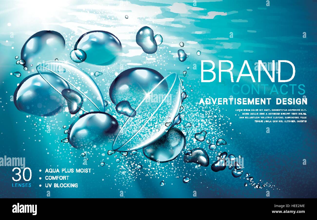 transparent contact lense ad, with light flow and bubble elements ...
