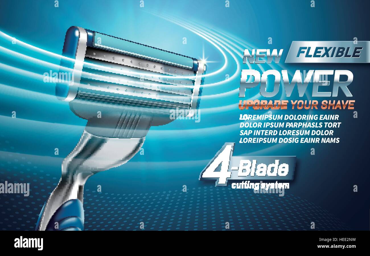 power shavers ad with four blades, light blue background, 3d ...