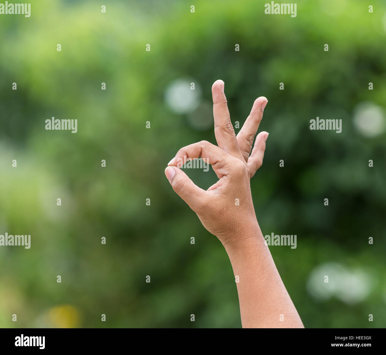 Woman hand with OK sign on green blur background Stock Photo - Alamy