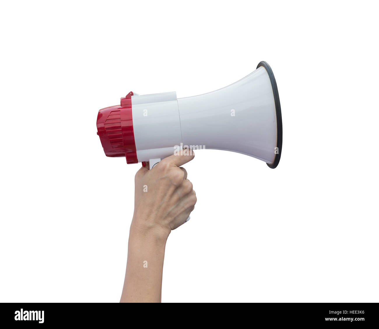 Right hand holding white megaphone isolated on white background. Saved ...