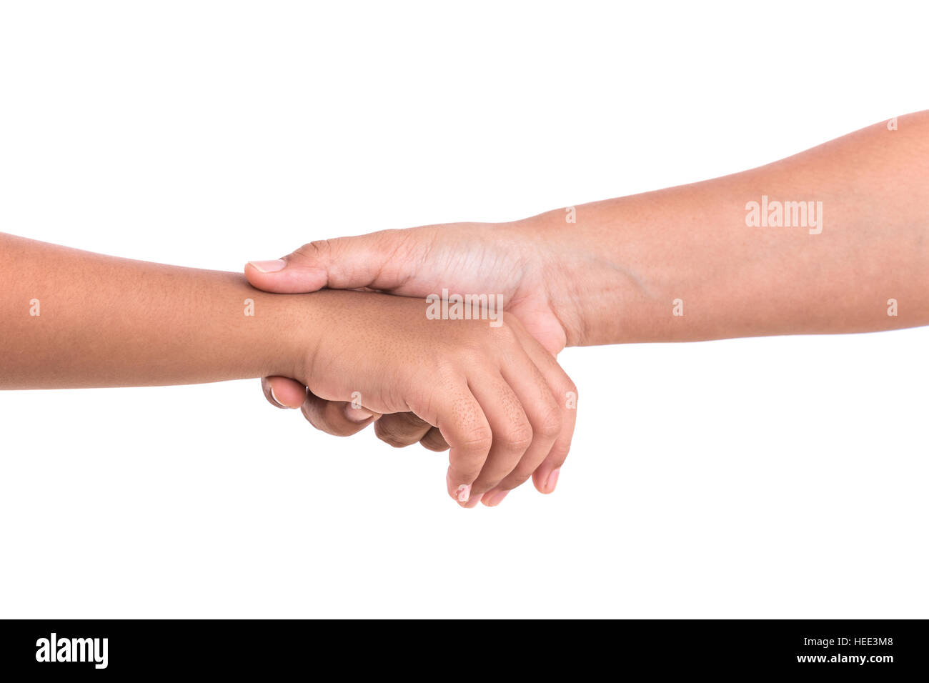 Mother holding her daughter hand. Help or support concept. Isolated on ...