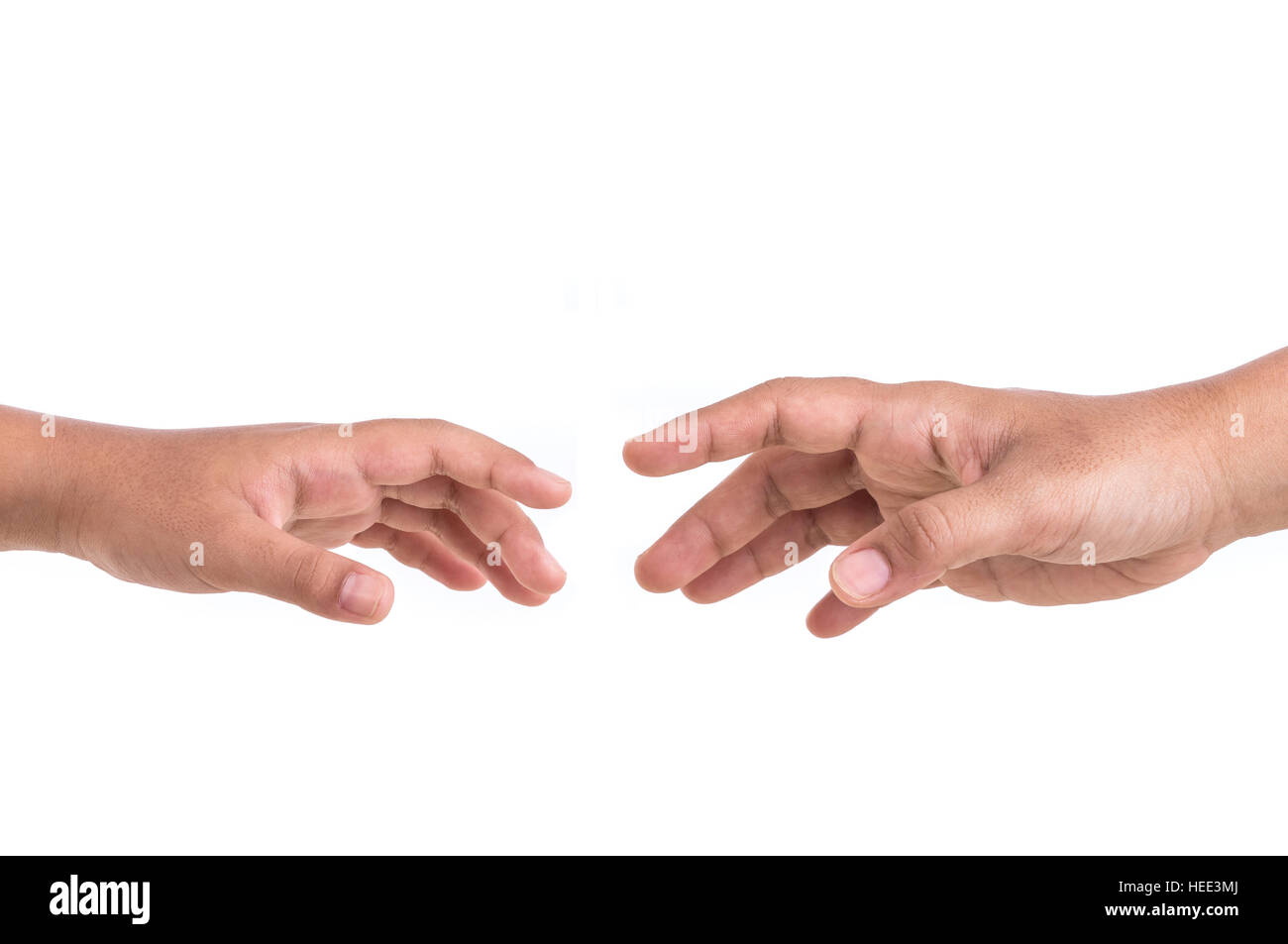 Two hands try to reach. Help concept. Isolated on white background ...
