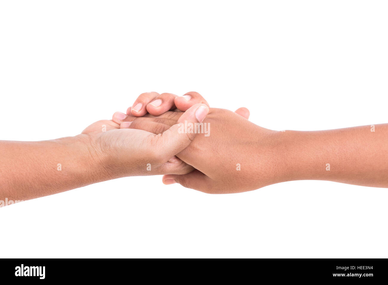 Mother holding her daughter hand. Help or support concept. Isolated on ...
