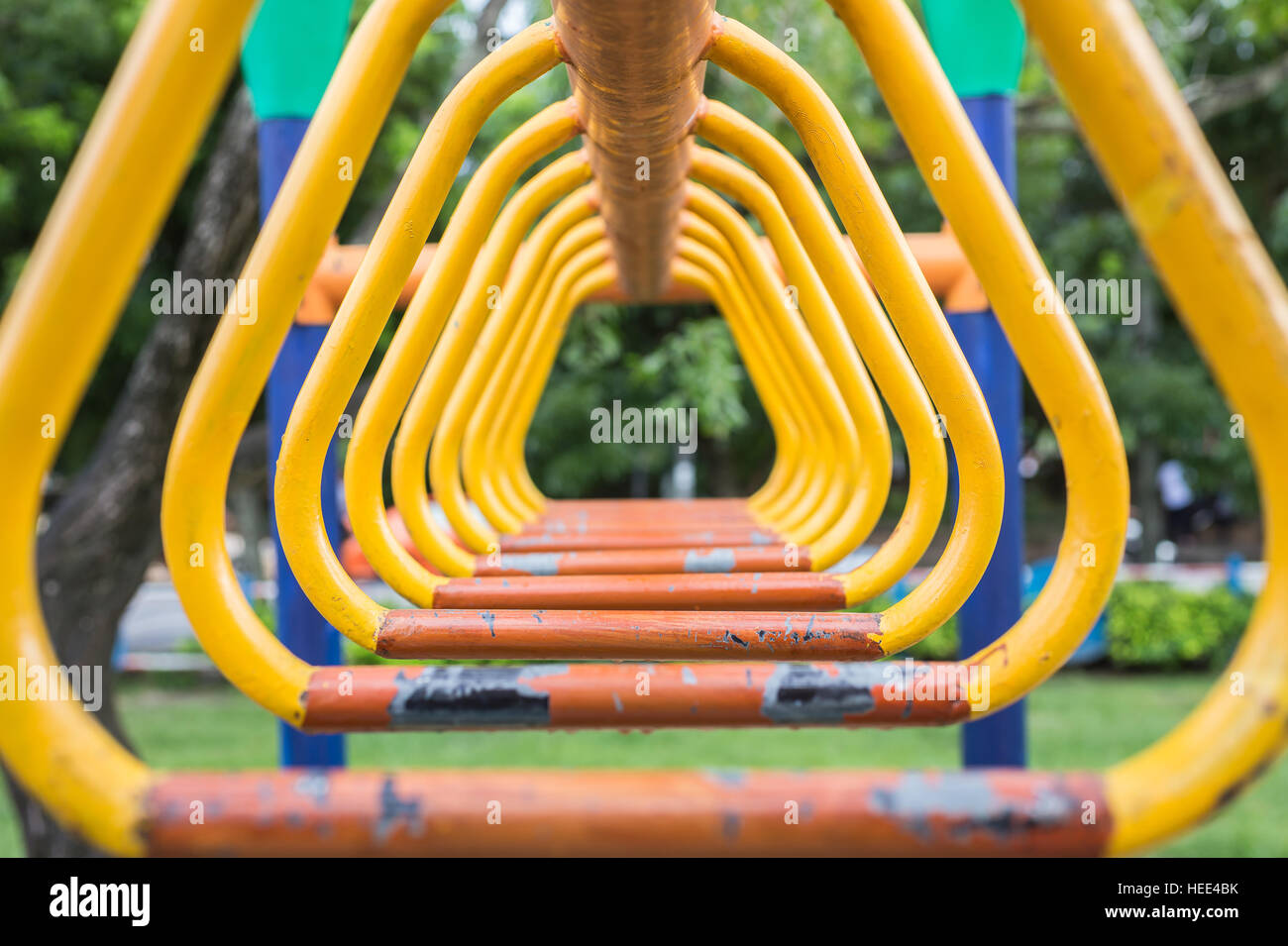 Steel bar for trapeze. Outdoor exercise equipment at public park Stock ...