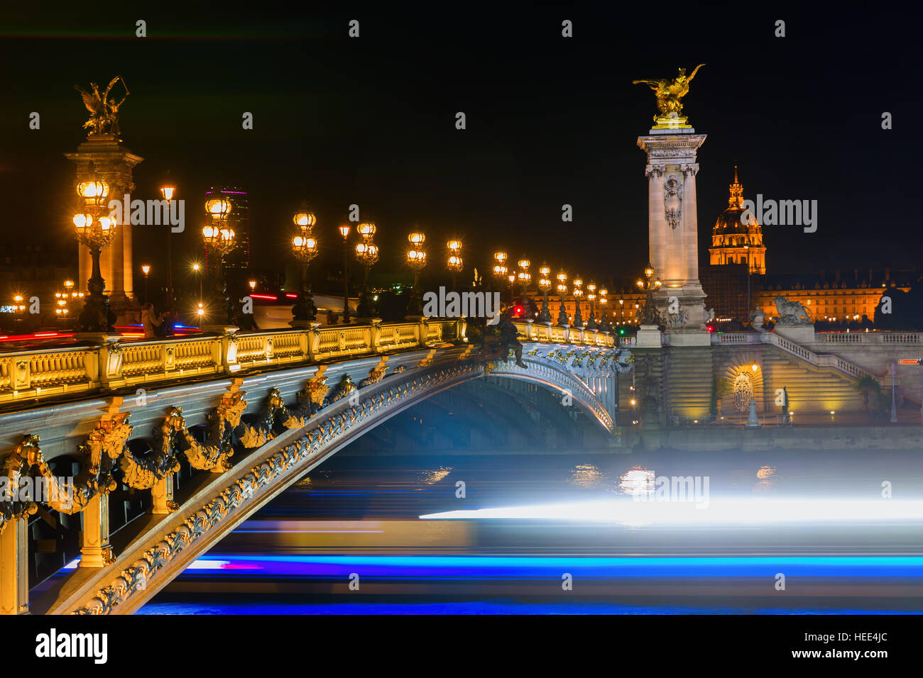 Bridge Pont Alexandre III in Paris at night, with light trails of ...