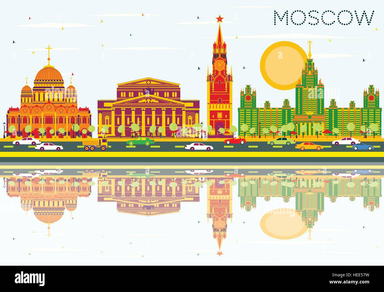 Moscow Skyline with Color Buildings, Blue Sky and Reflections. Vector ...