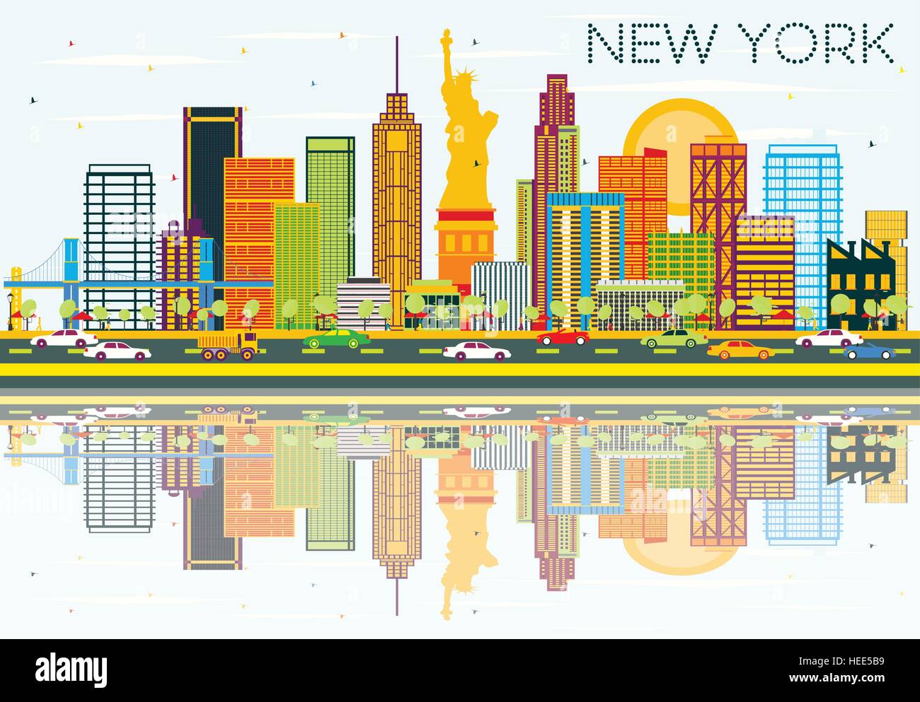 New York Skyline with Color Buildings, Blue Sky and Reflections. Vector ...