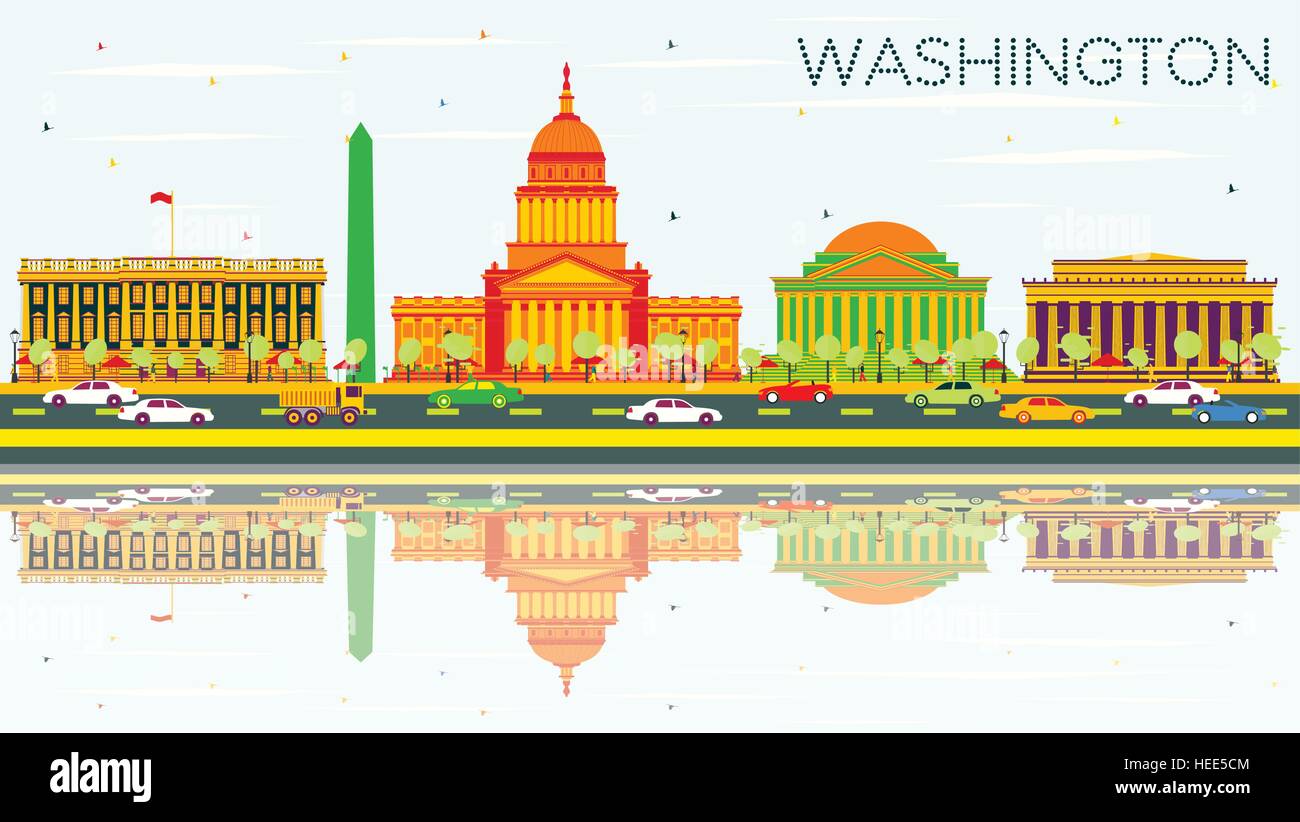 Washington DC Skyline with Color Buildings, Blue Sky and Reflections ...