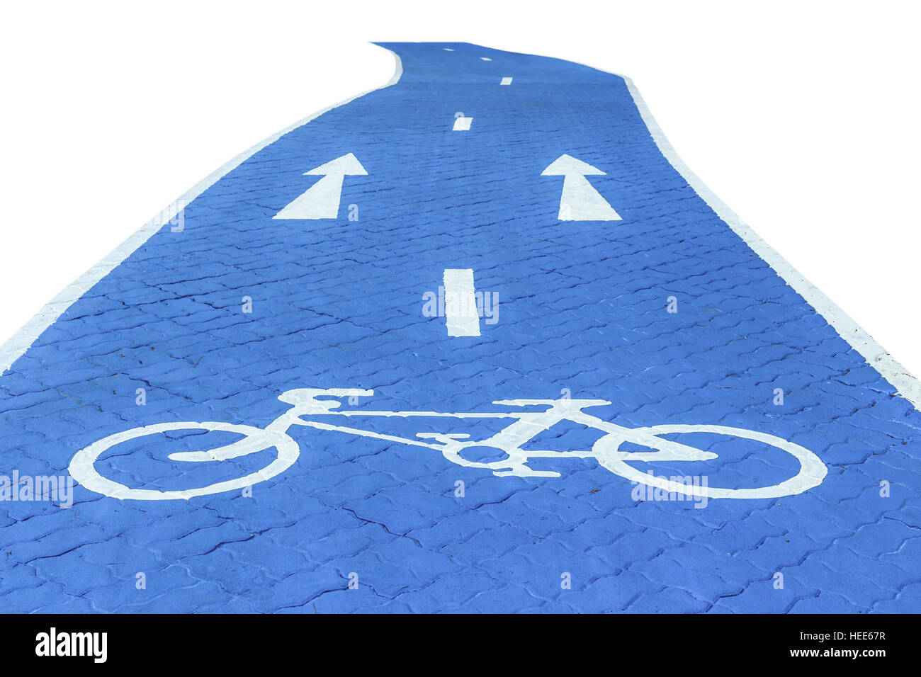 New blue bicycle lane with sign isolated on white background Stock ...