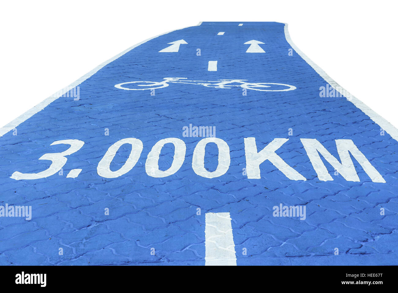 New blue bicycle lane with sign isolated on white background Stock ...