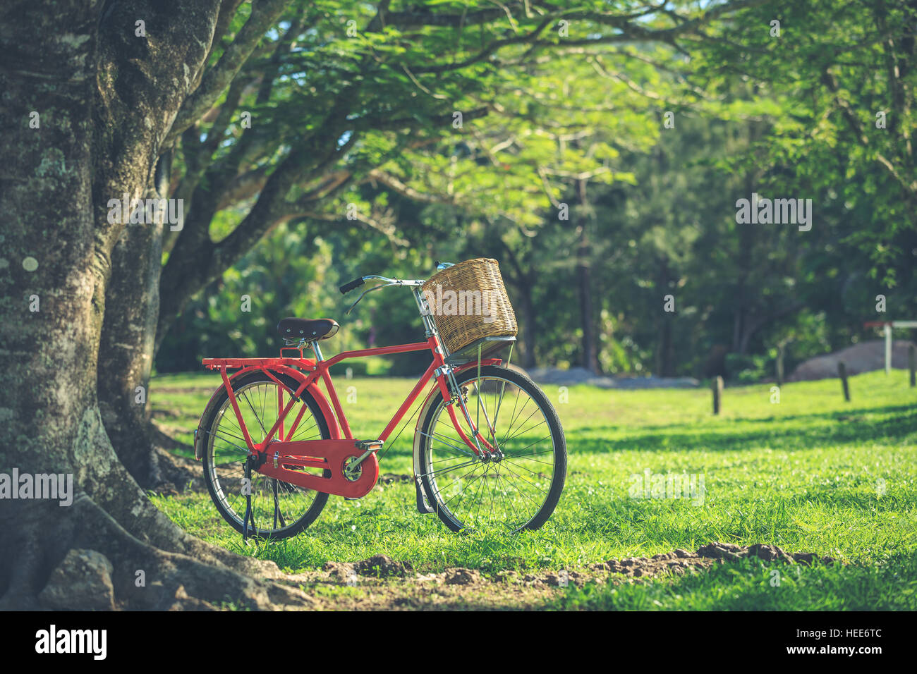 Red Japan style classic bicycle at the park, Vintage filter effect ...