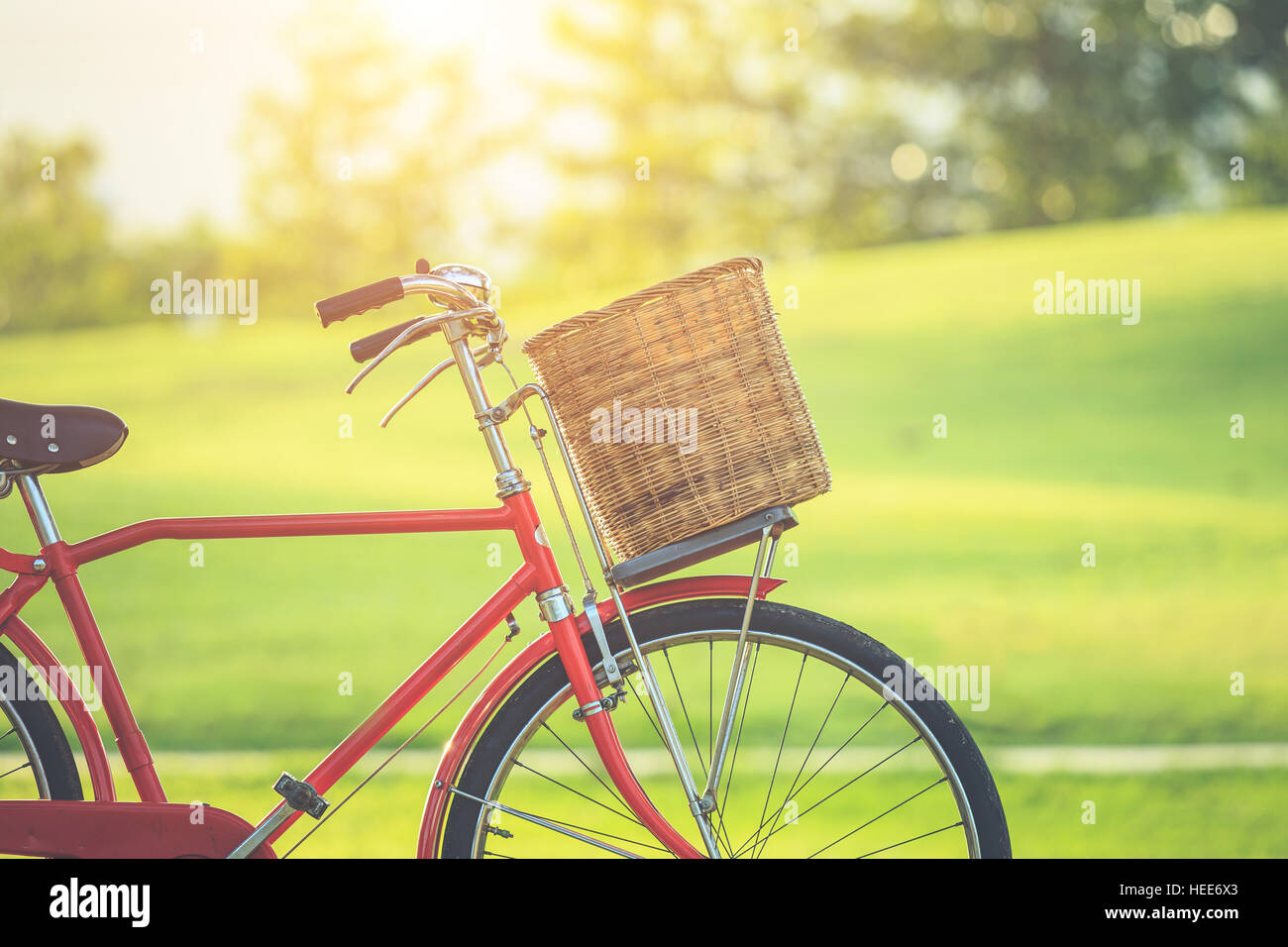 Red Japan style classic bicycle at the park, Vintage filter effect ...