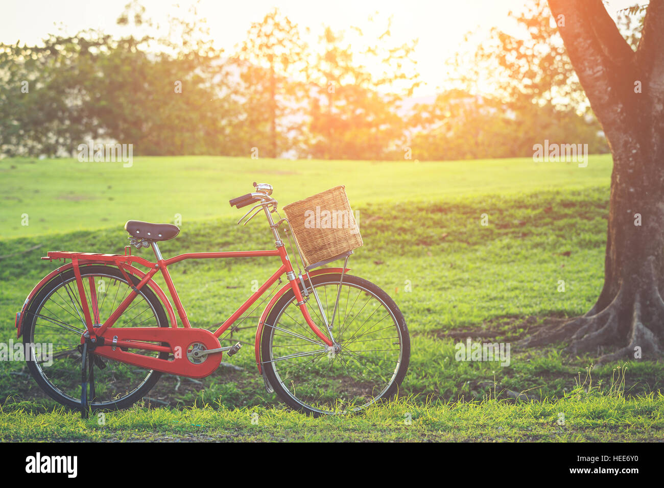 Red Japan style classic bicycle at the park, Vintage filter effect ...