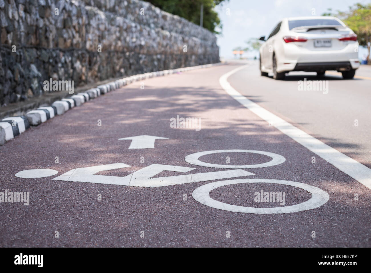 Close up white bicycle sign or icon on the road Stock Photo - Alamy
