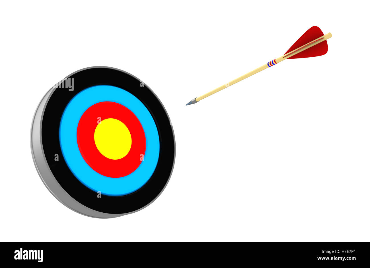 3d illustration of archery arrow flying to target, isolated over white ...