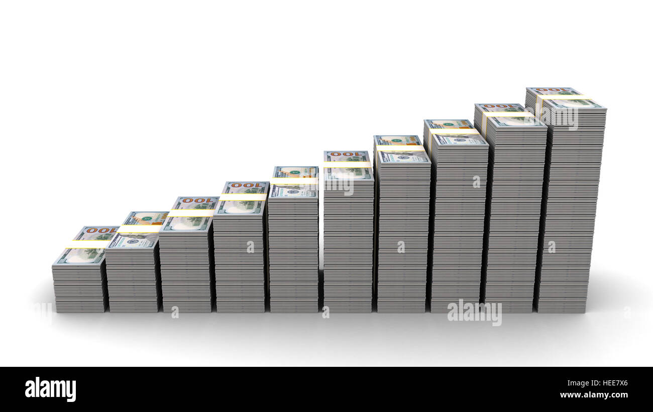 3d illustration of dollar stacks rising stairs over white background ...