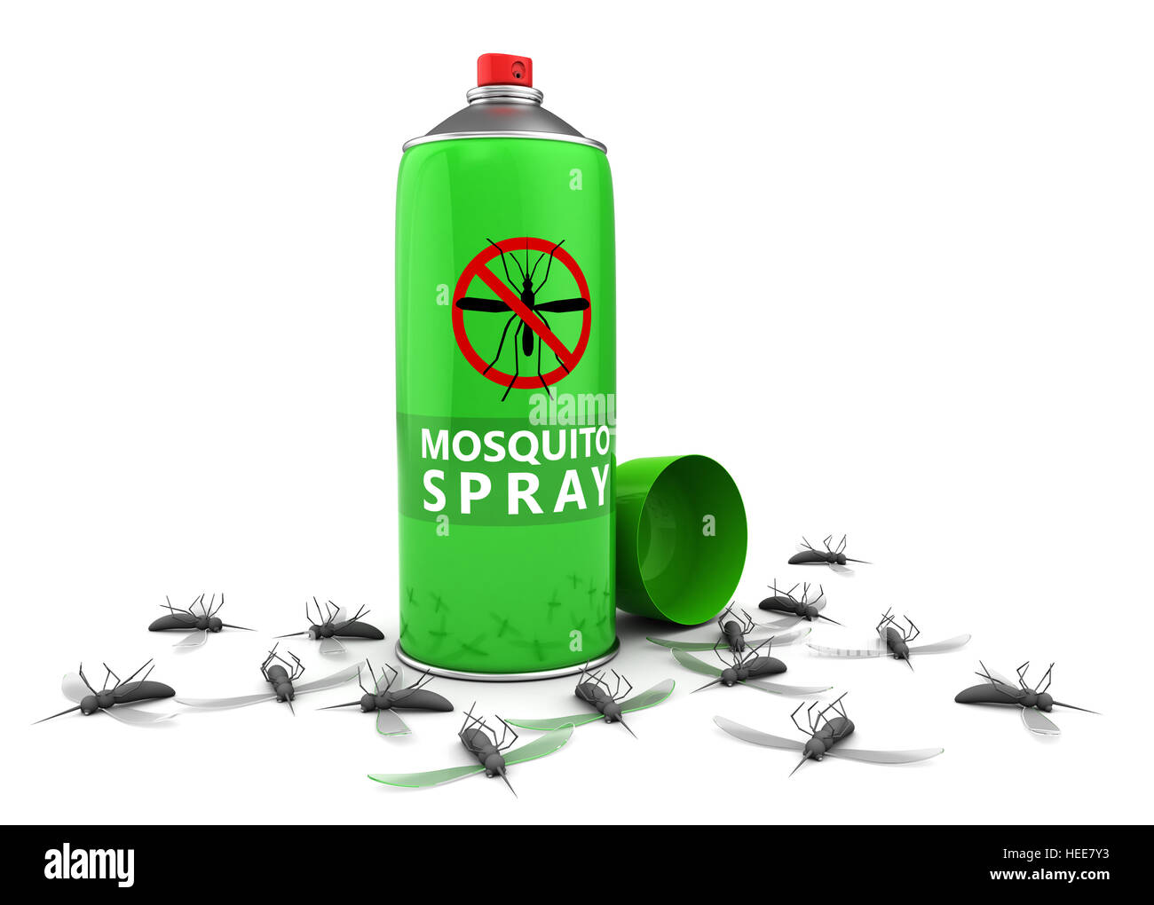 3d illustration of insecticide spray and dead mosquitos, over white ...