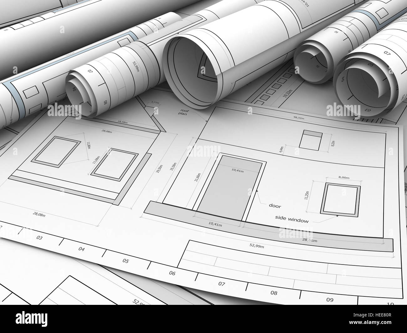 abstract 3d illustration of house blueprints heap Stock Photo - Alamy