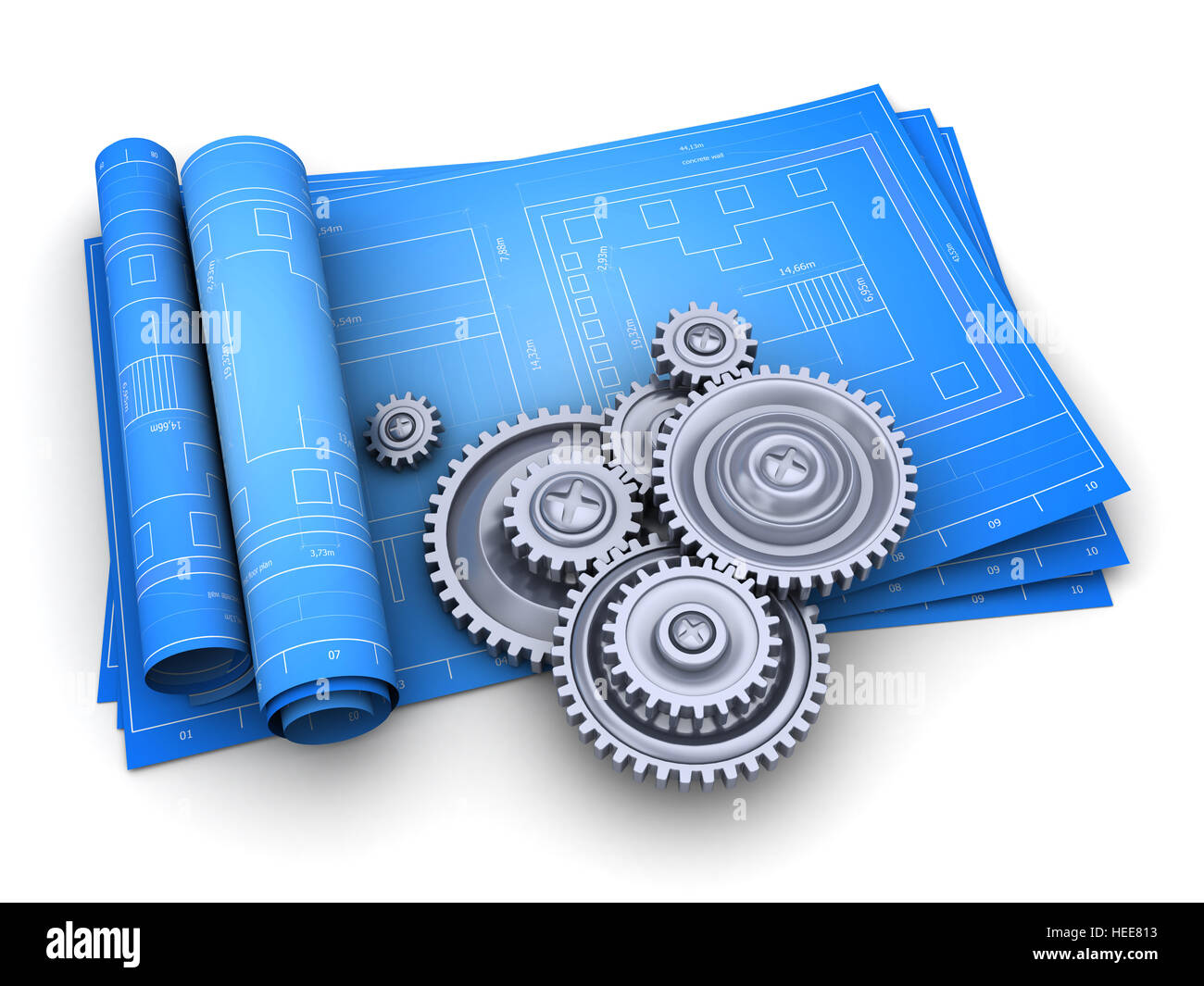 3d illustration of blueprints and gear wheels system, over white ...