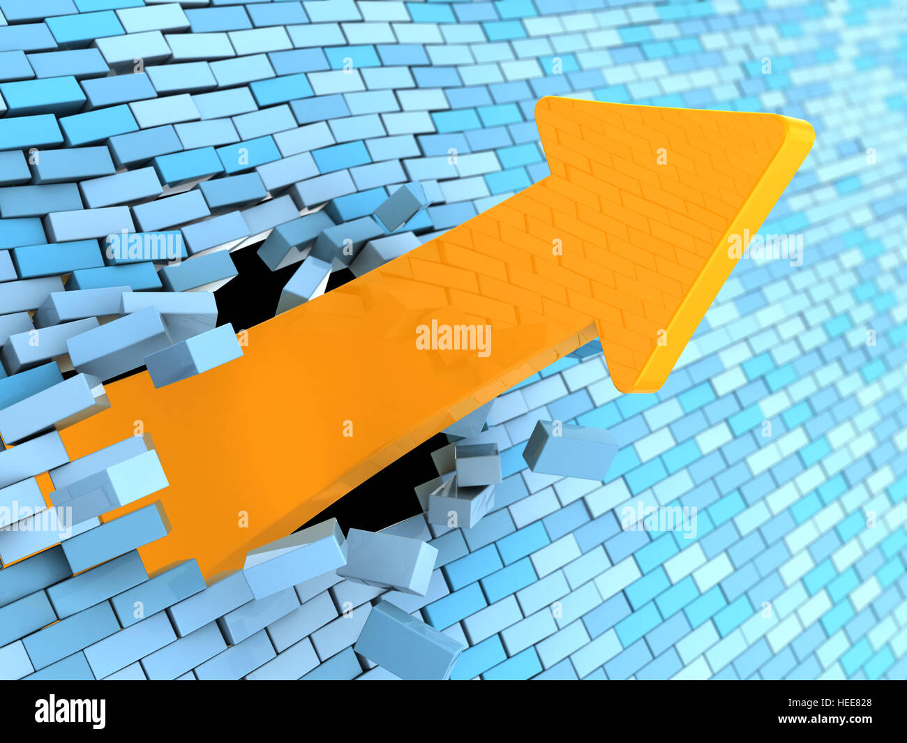 3d illustration of orange arrow breaking blue bricks wall Stock Photo ...