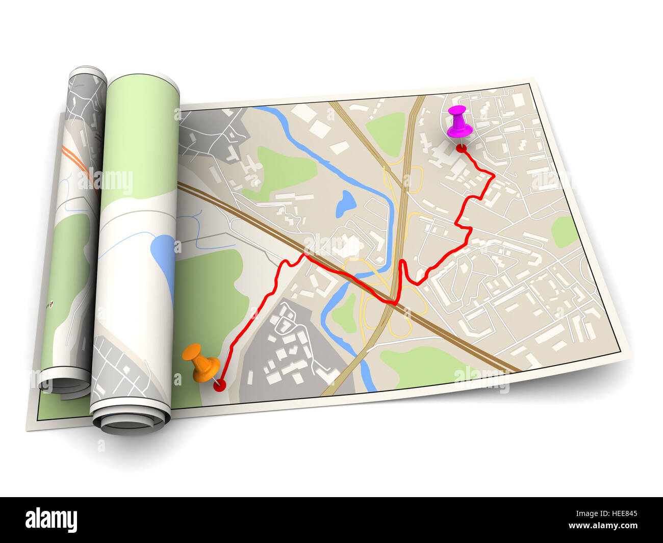 3d illustration of map with route Stock Photo - Alamy