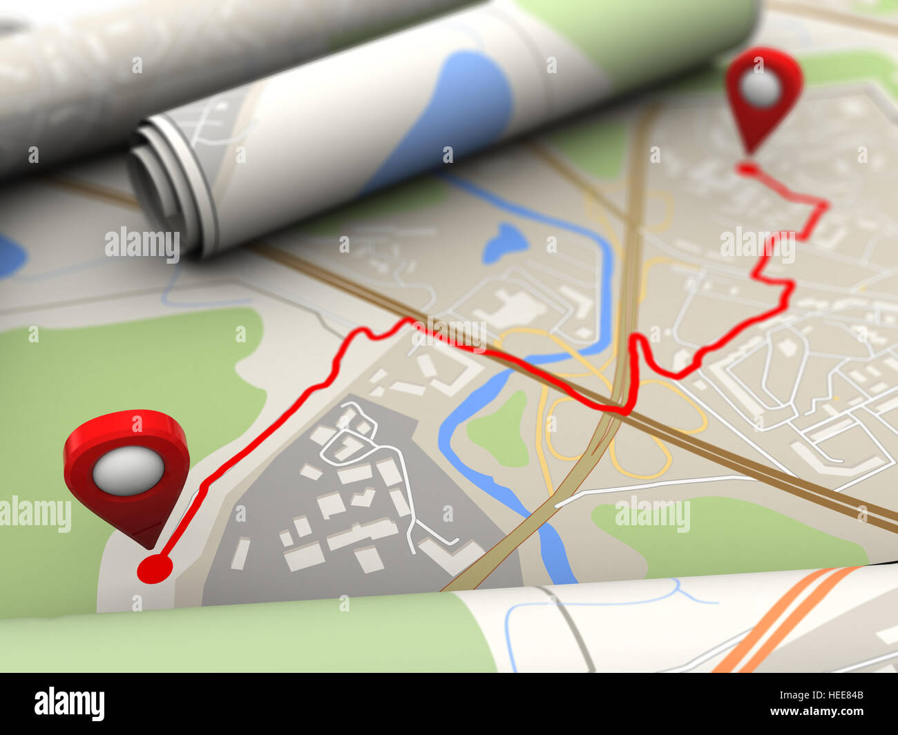 3d illustration of closeup map with navigation route Stock Photo - Alamy