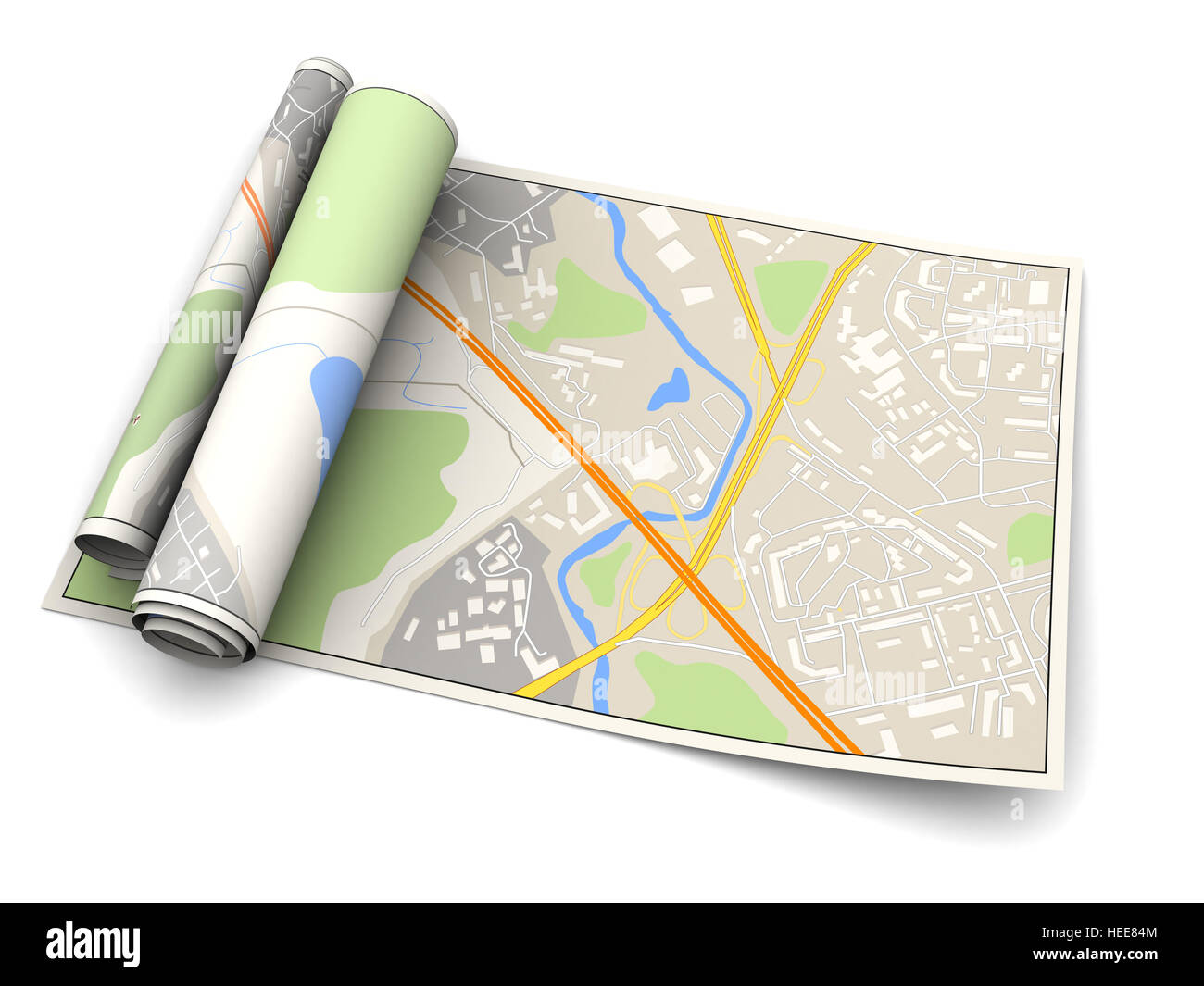 3d illustration of city map rolls over white background Stock Photo - Alamy