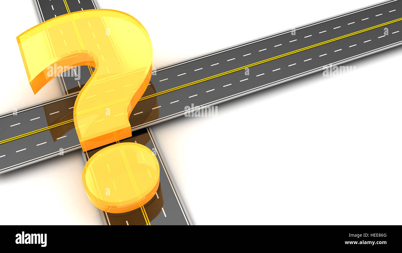 3d illustration of question mark and road cross over white background ...
