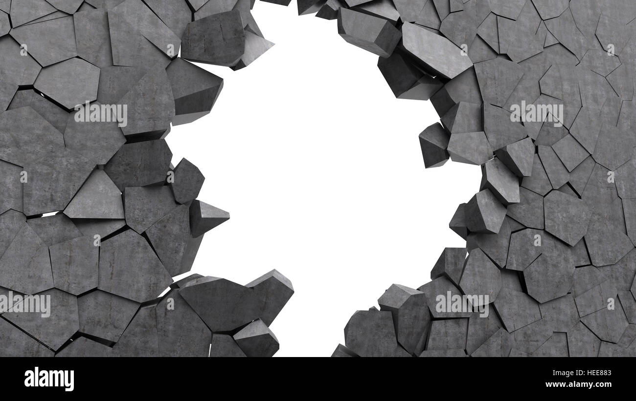 3d illustration of concrete wall crashed over white background Stock ...