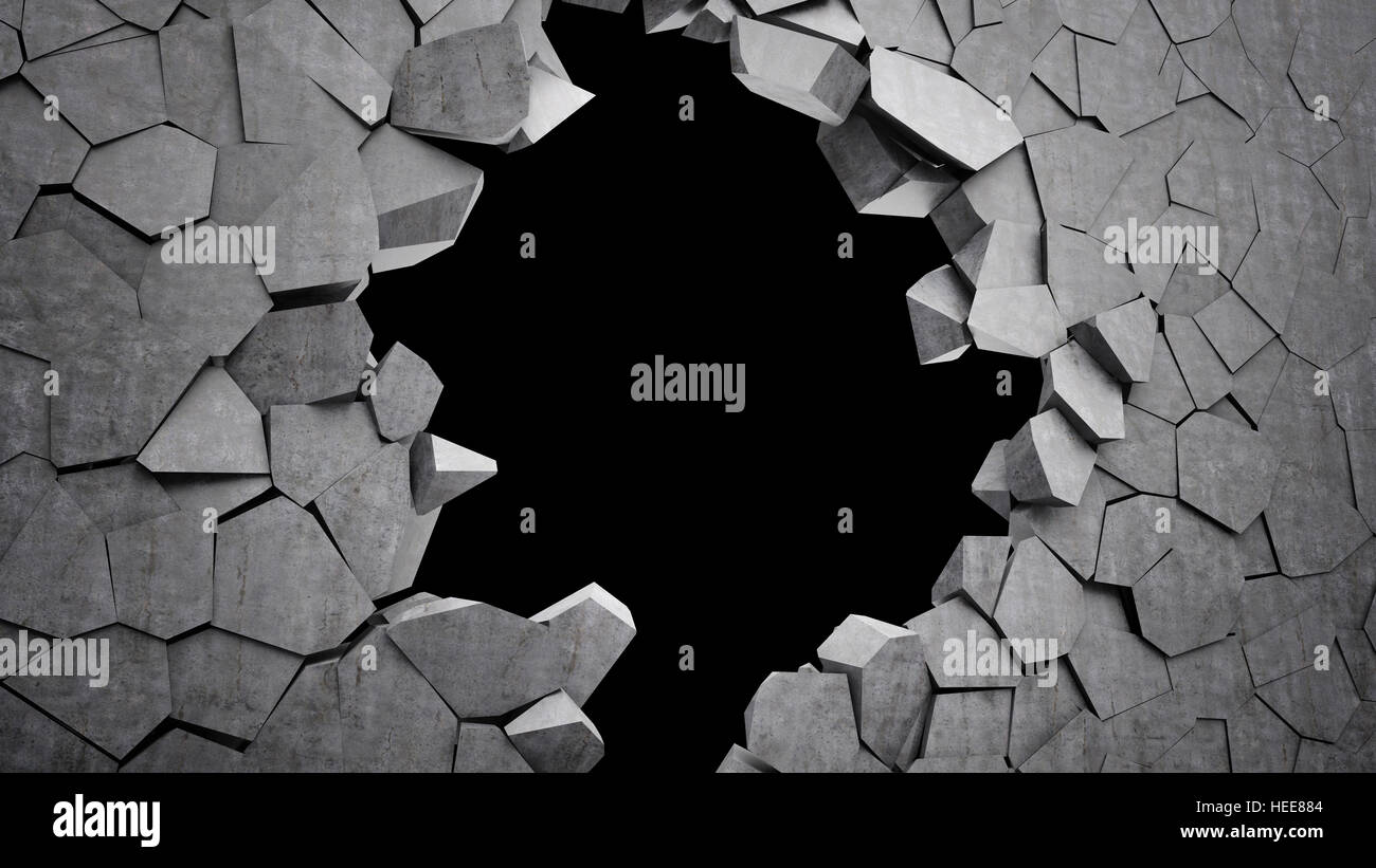 3d illustration of concrete wall crashed over black background Stock ...