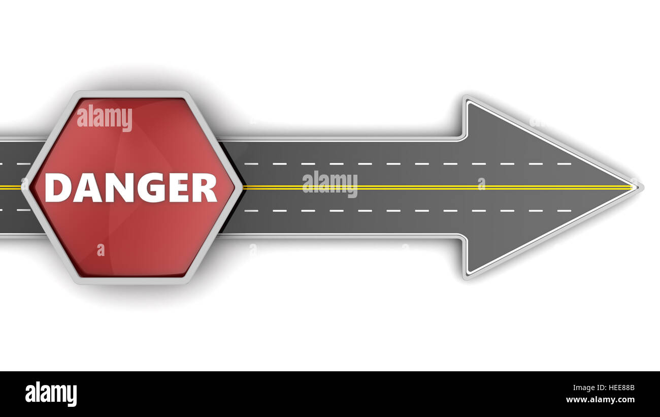 3d illustration of road arrow and danger sign, over white background ...