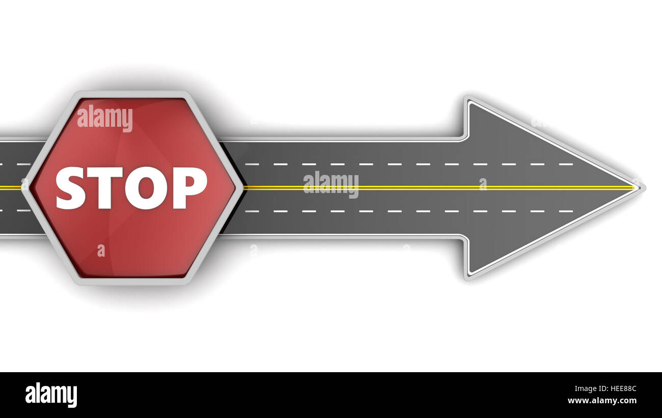 3d illustration of road arrow and stop sign, over white background ...