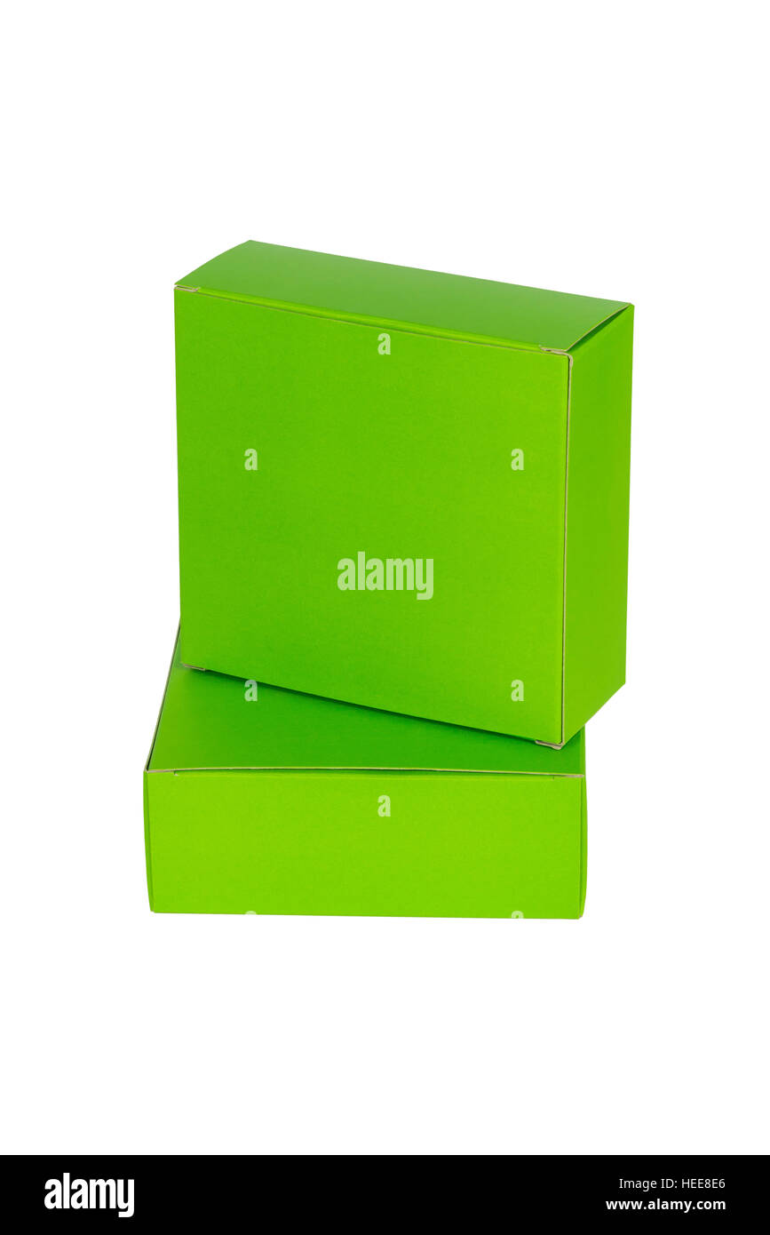 Green boxes stacked or green paper package box isolated on White ...