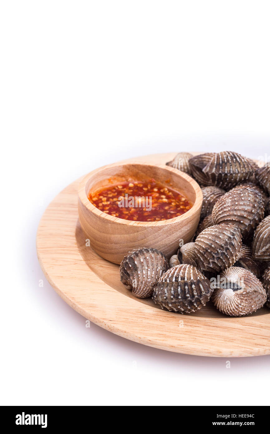 Close up boiled blood cockle with sauce isolated on white background ...