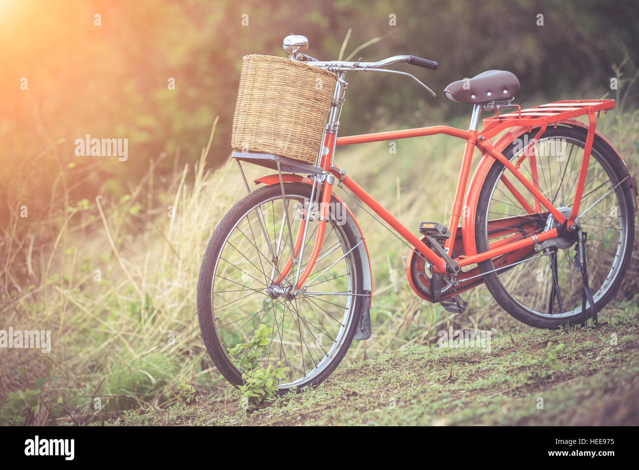 Red Japan style classic bicycle at ocean view point, Vintage filter ...